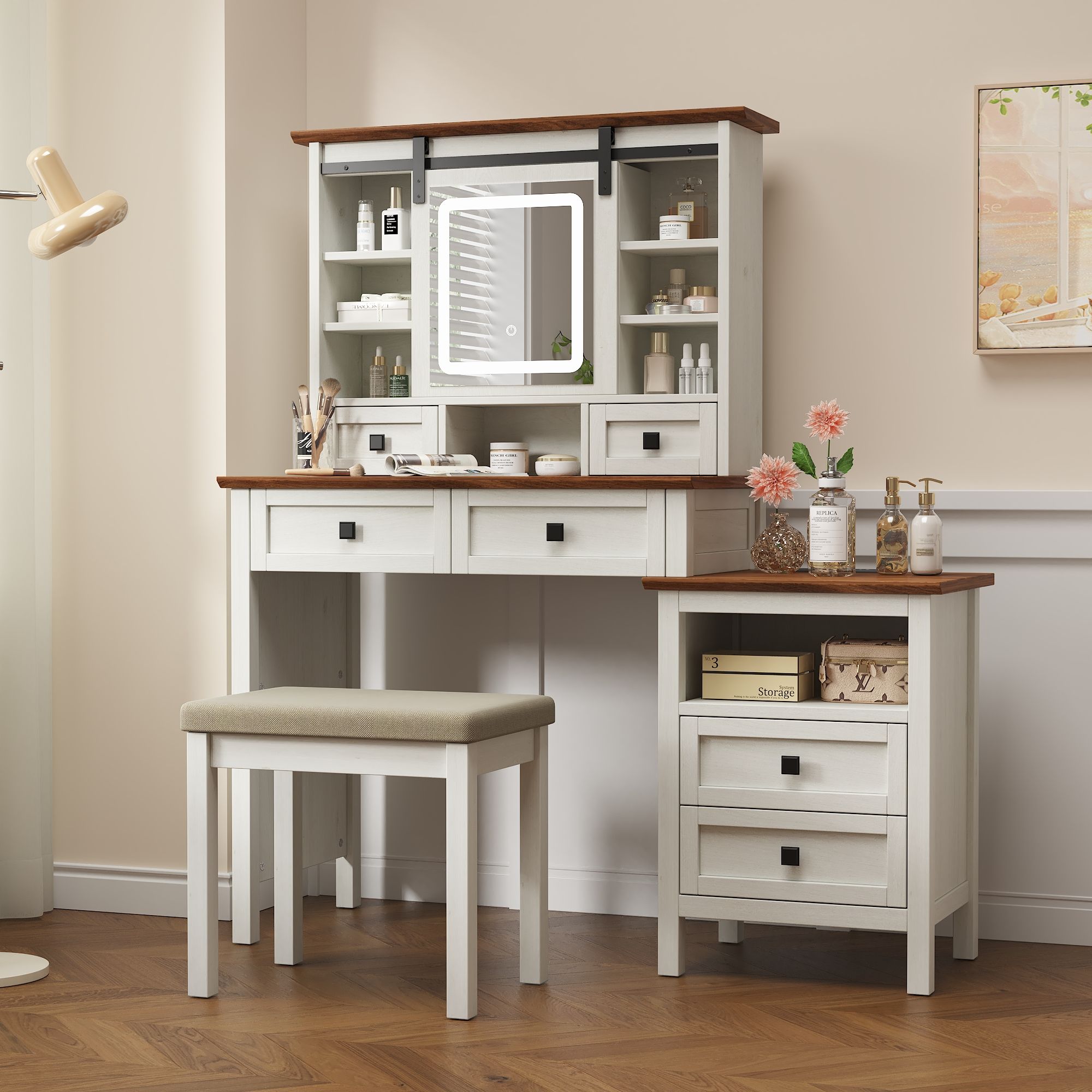 46.5 Farmhouse Makeup Vanity Desk with Adjustible LED Lighted Mirror and Charging Station Gracie Oaks